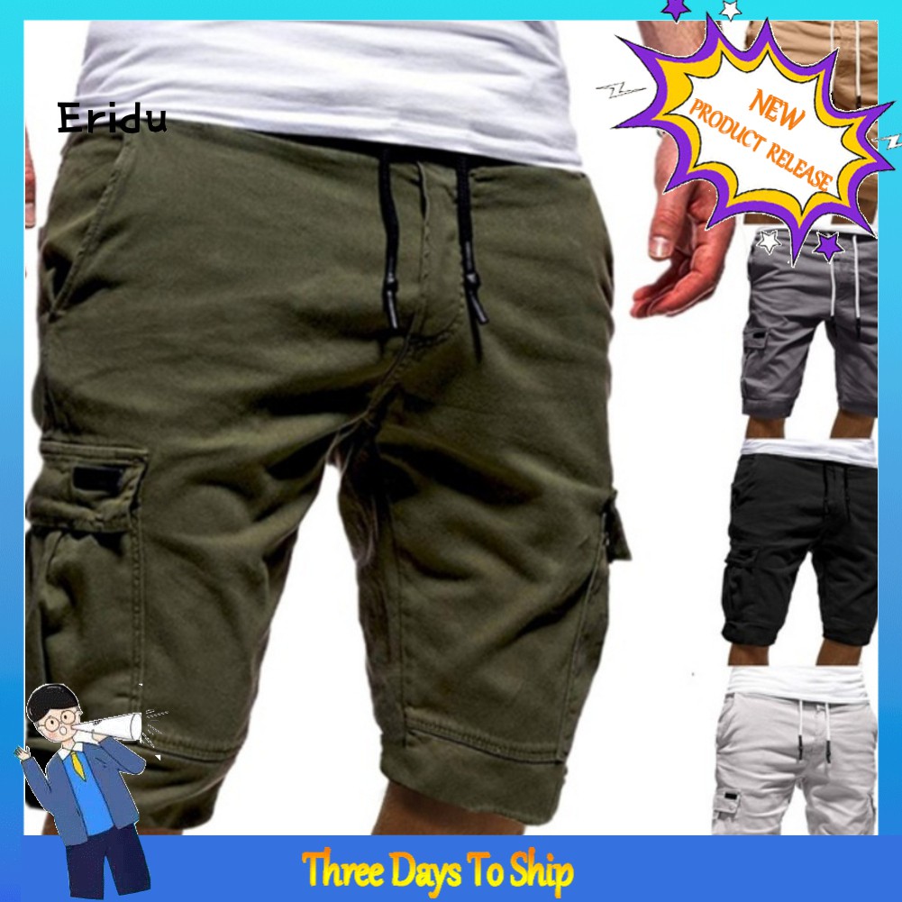 EH_Men Stylish Summer Solid Color Multi Pockets Drawstring Fifth Pants ...