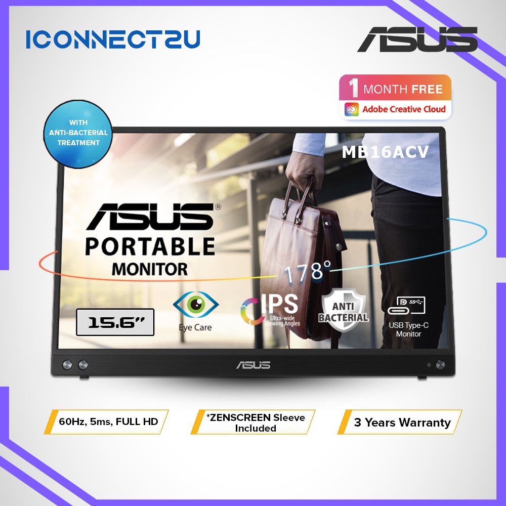 Asus Zenscreen 15.6" MB16ACV FHD IPS Antibacterial Treatment Portable USB Type C Eye Care ...