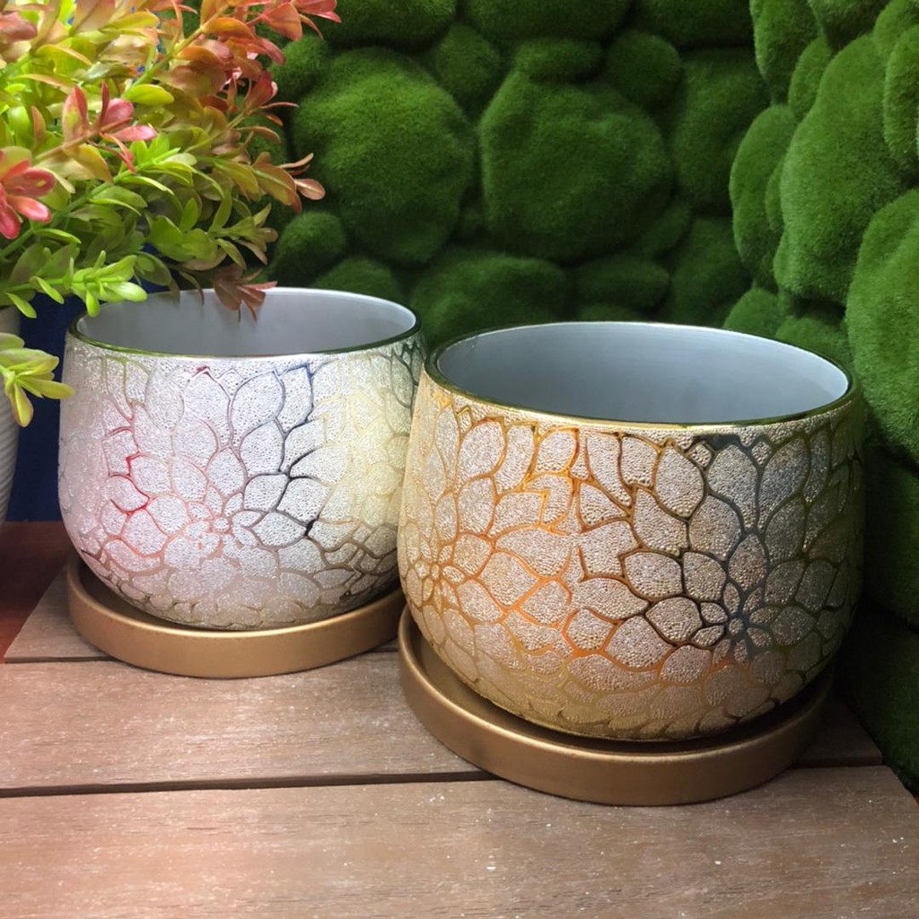 Silver And Gold Ceramic Pot Creative Round Ceramic Pot Desktop Potted ...