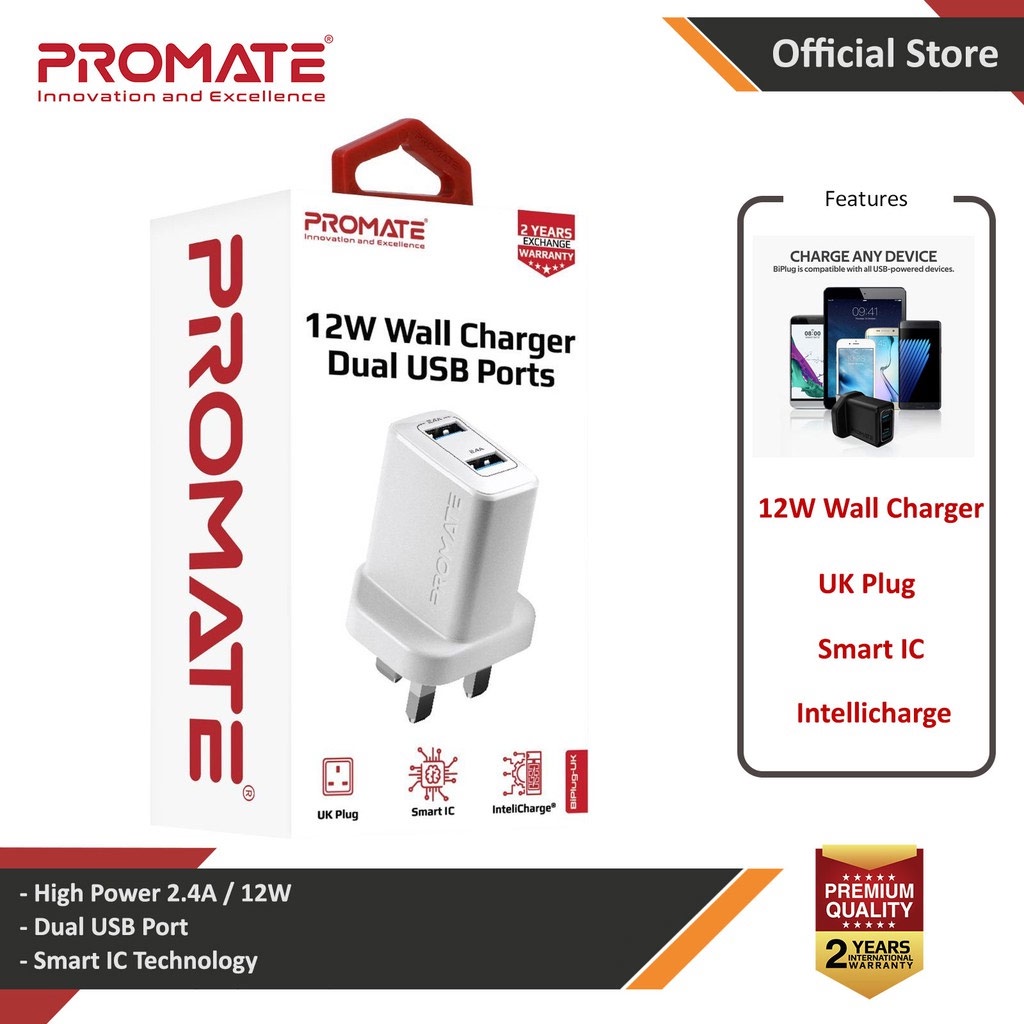 Promate 12W USB Power Adapter Dual USB Port Travel Wall Charger for ...