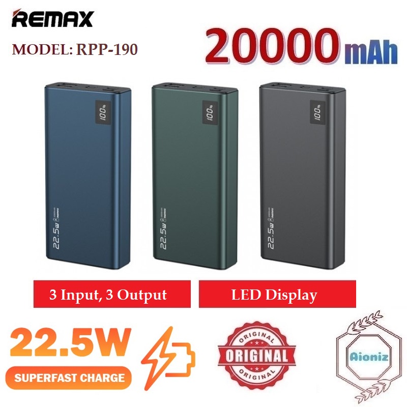 REMAX Mini Pro RPP-190 Fast Charging 20000mAh Power Bank 3 Input/3 Output Super Fast Charge 22 ...