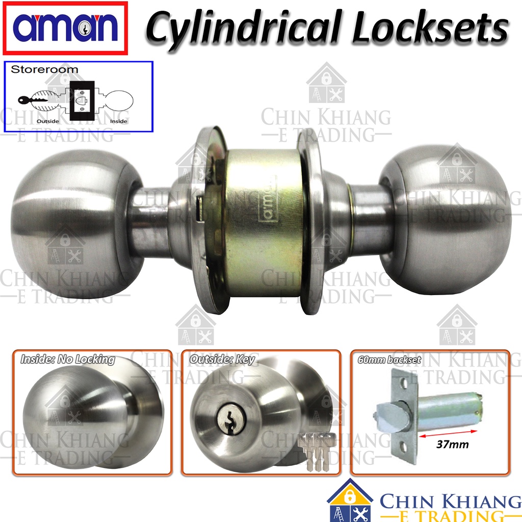 Aman SR3995 Cylindrical Storeroom Lock Door Knob Set Satin St Steel ...