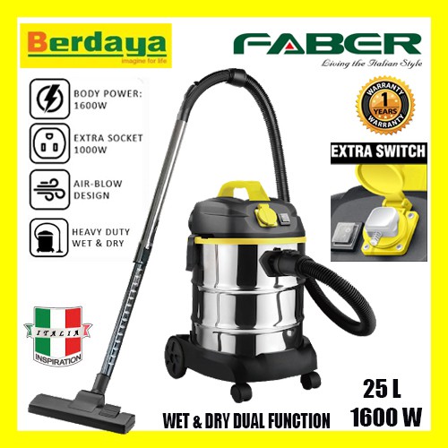 Faber Italia 1600w FVC-WD625 Heavy Duty Wet & Dry Vacuum Cleaner (Extra Socket) Commercial ...