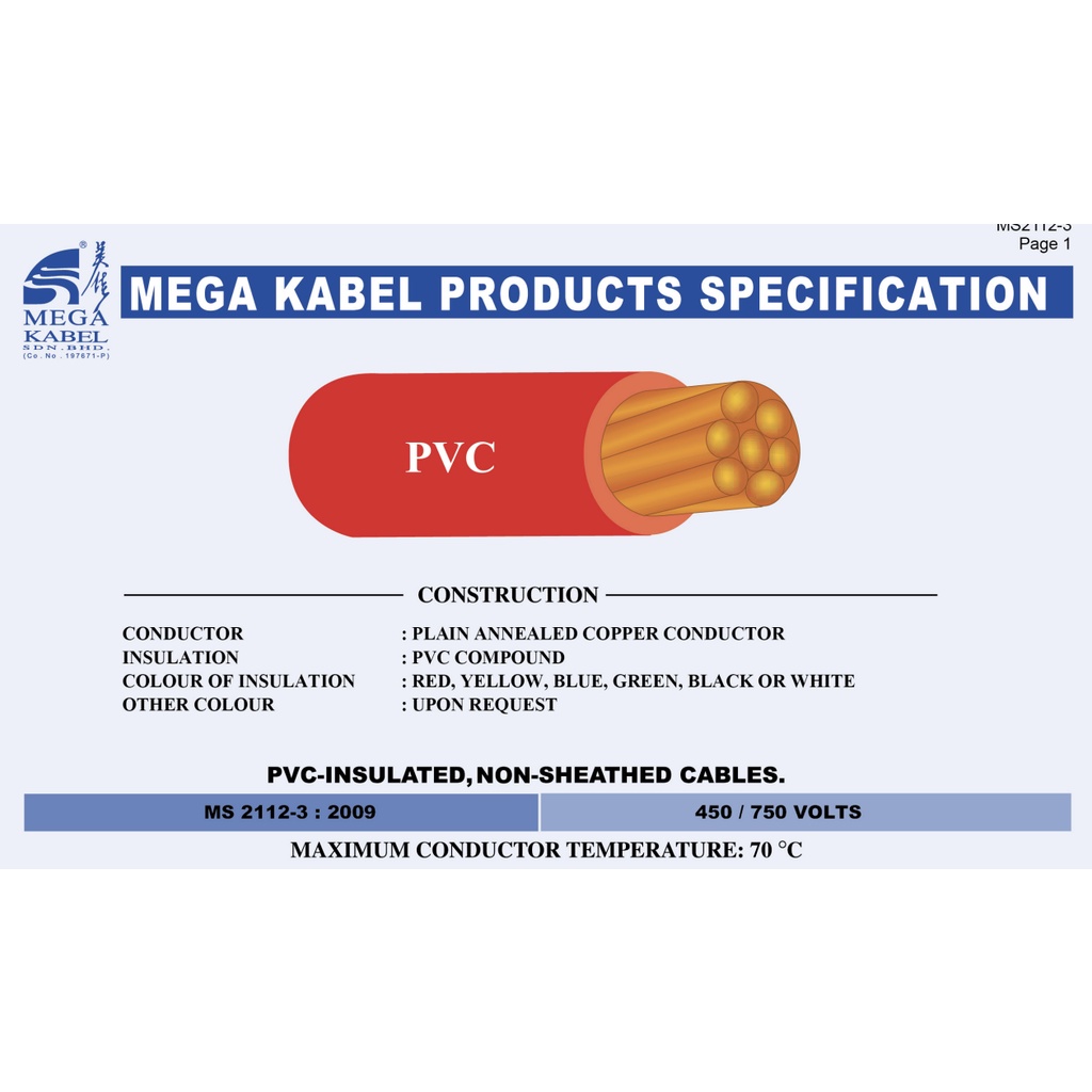 MEGA 6MM PVC CABLE 100% Pure Copper Cable (SIRIM) Single Core PVC ...