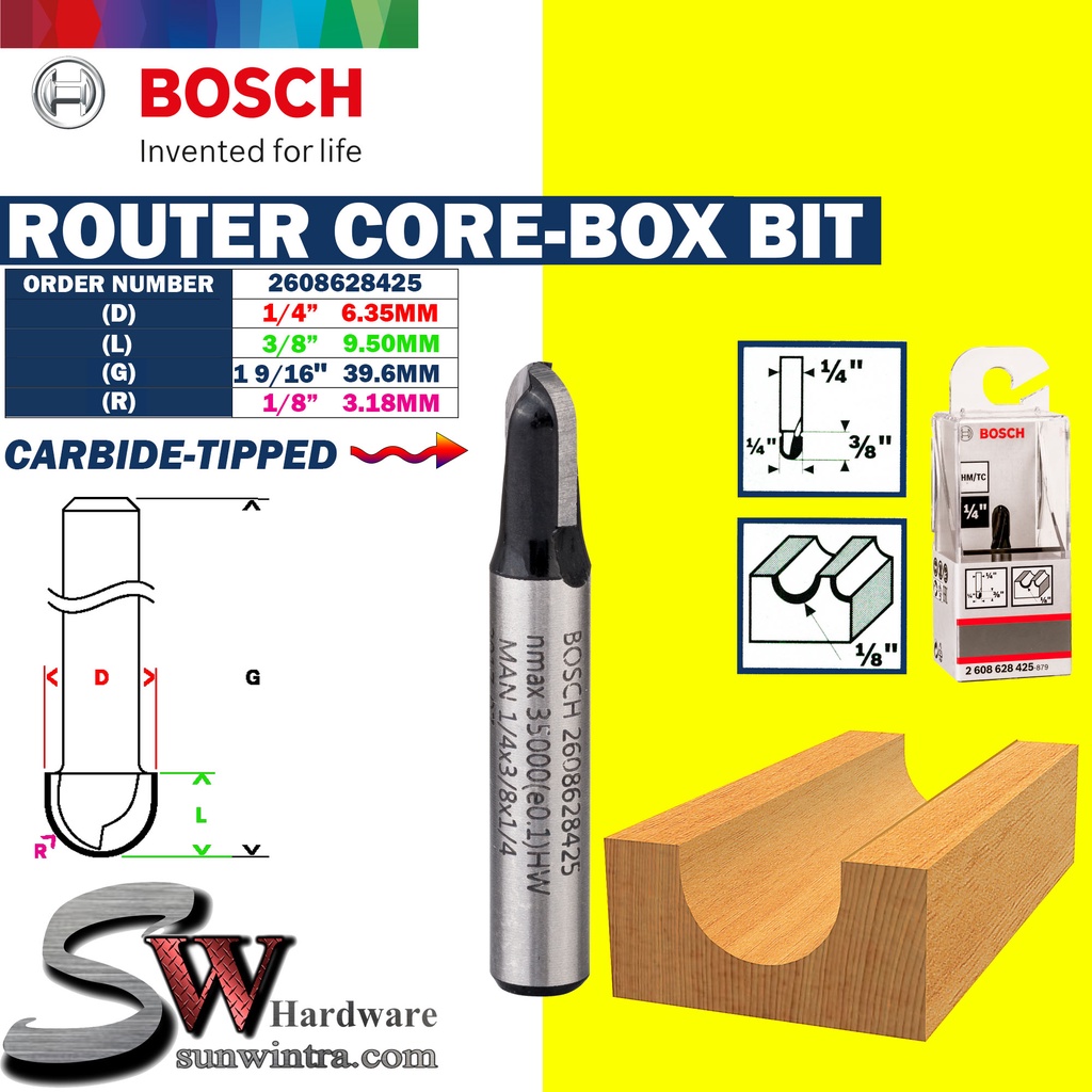 Bosch Router Bit (Carbide-Tipped) - 1/4" Shank Core-Box Bit (Different ...