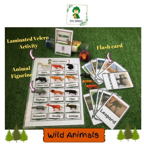 Wild Animals Figurine + Laminated Flash Card + Laminated Velcro ...