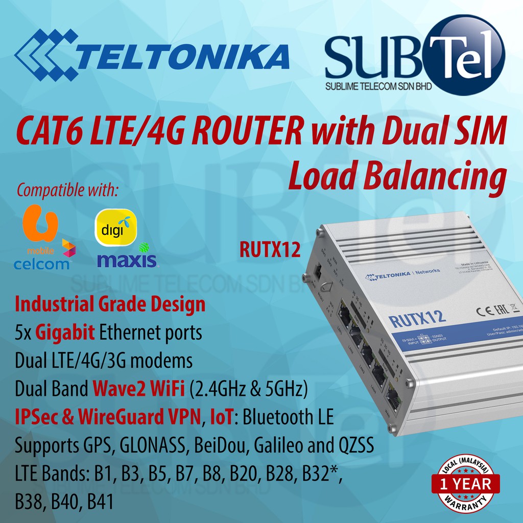 Teltonika RUTX12 CAT6 Dual SIM LTE ROUTER Industrial 3G 4G Load ...