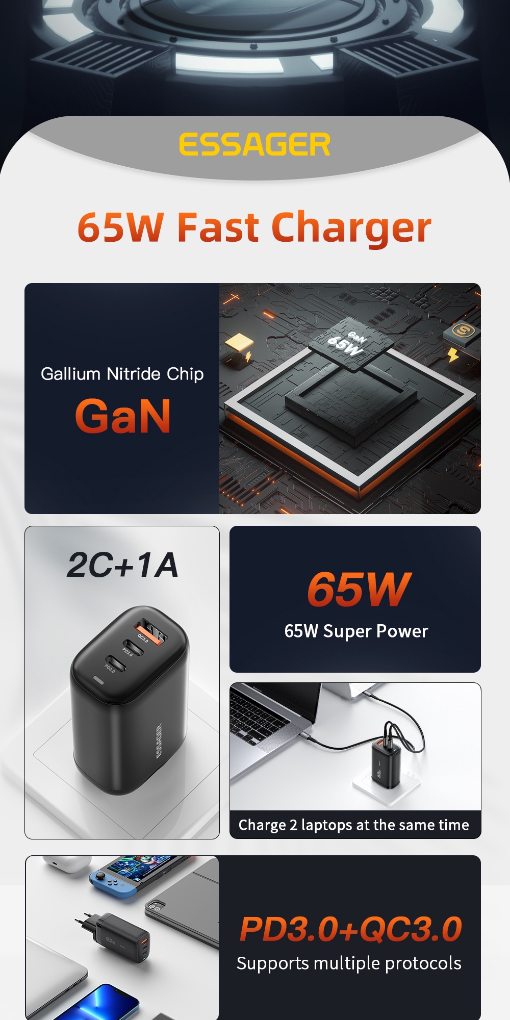 Essager 65W UK Plug GaN Charger Quick Charge QC 3.0 PD3.0 Type C Fast ...