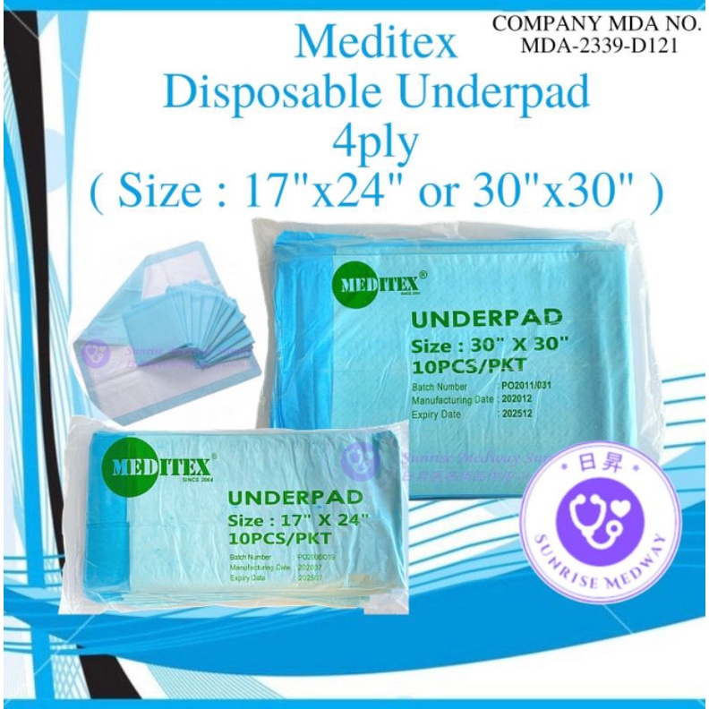 Meditex Disposable Underpad, 4ply, Blue, 10 pcs/pkt (17"x24" & 30"x30 ...