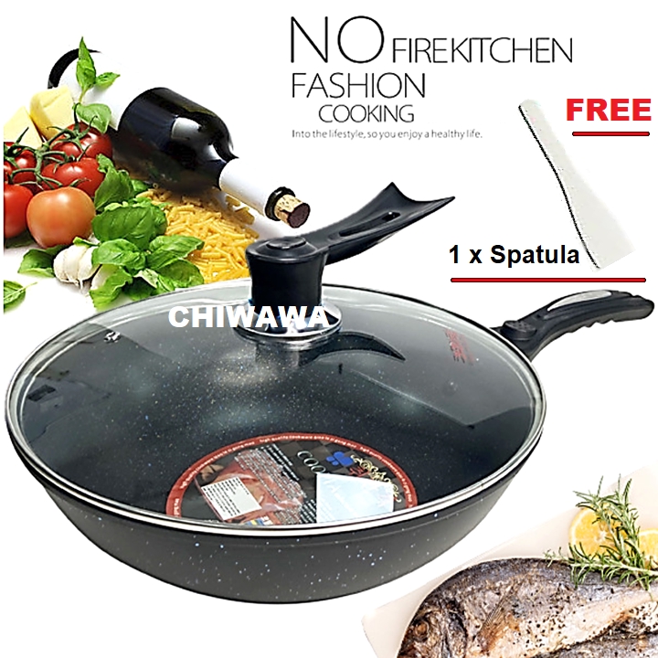 Non-Stick 32cm Marble Stone Frying Pan Grill Pot Wok Cooker Smokeless ...