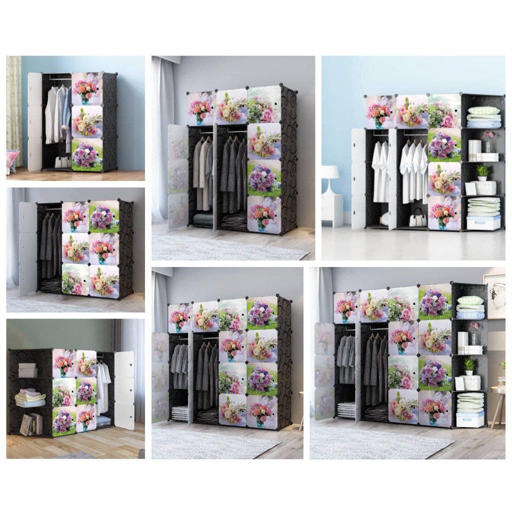 🇲🇾READY STOCK🇲🇾 💘 FLOWERY ROSES BLACK CUBE DIY WARDROBE WITH RAIL ...