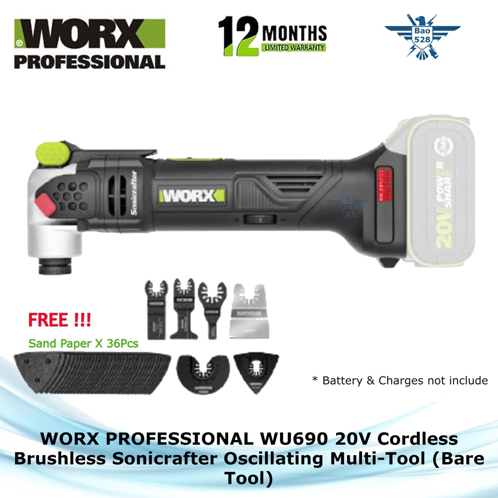 WORX PROFESSIONAL WU690 20V Cordless Brushless Sonicrafter Oscillating ...