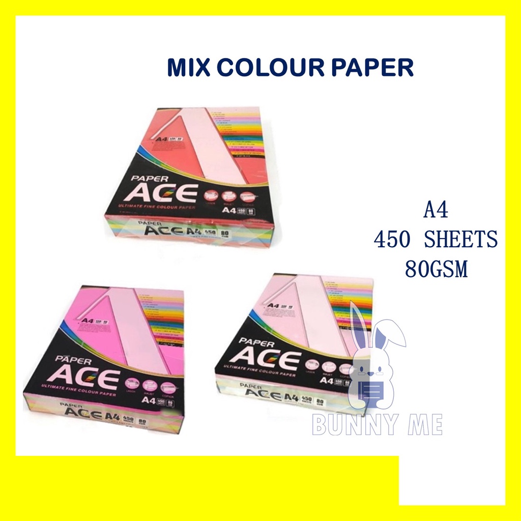 ACE COLOUR PAPER A4 80GSM 450'S // KERTAS WARNA // CAMPUR WARNA / ART ...