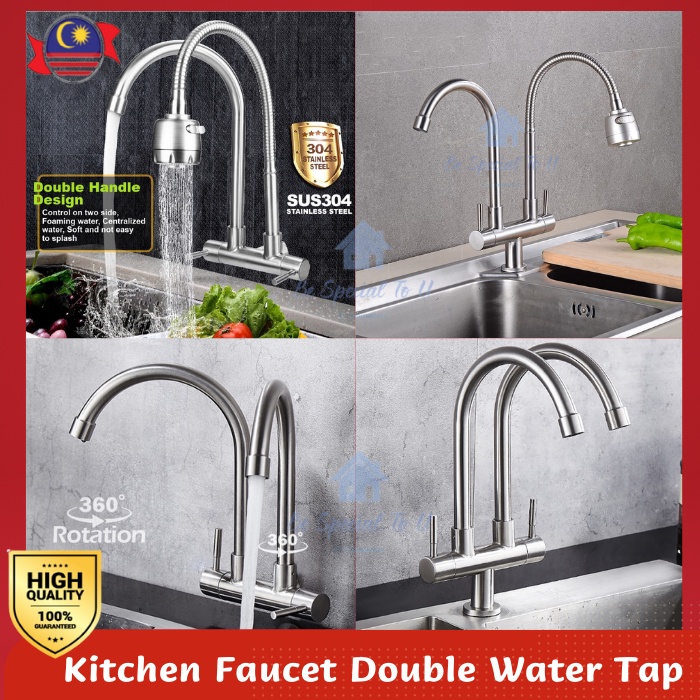 Kitchen Double Faucet Sink Flexible Wall Tap SUS304 Stainless Steel ...