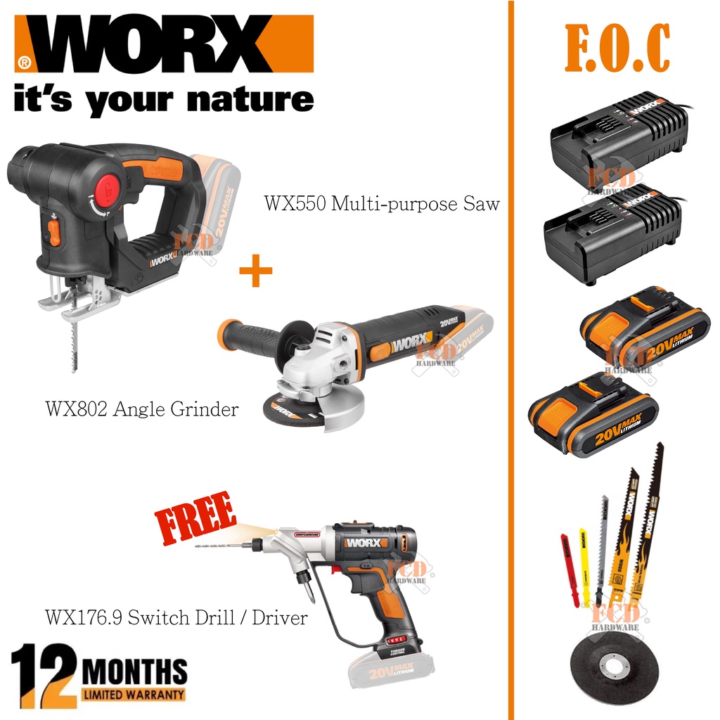 WORX COMBO SET OFFER WX550 20V Multi-purpose Saw + WX802 20V Angle Grinder + FREE WX176.9 20V ...