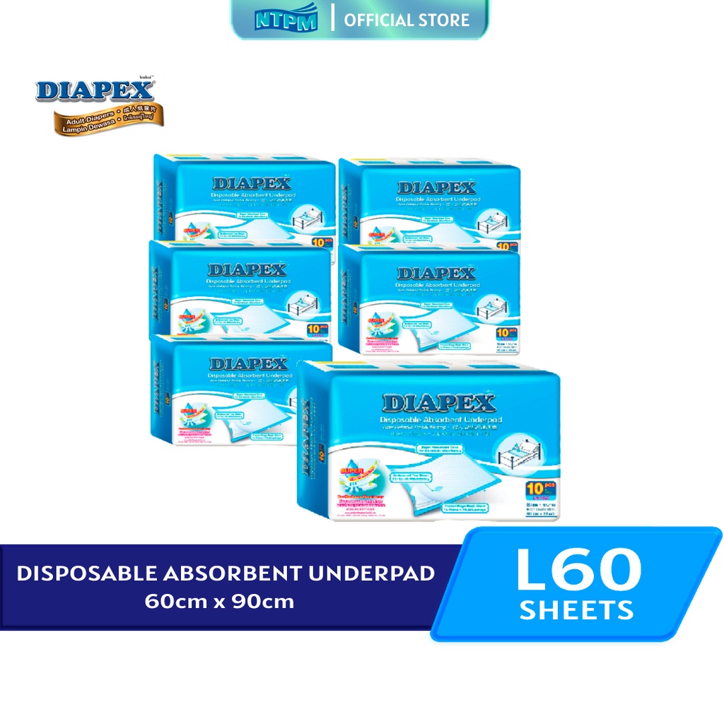 Diapex Disposable Absorbent Underpad (60cm x 90cm) x 6 Packets | Shopee ...