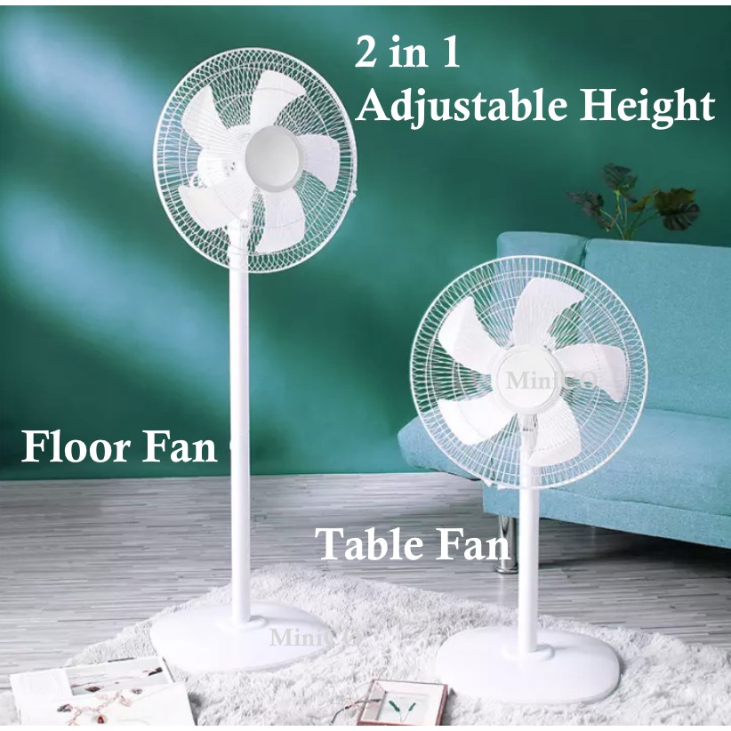 Adjustable Heights 16 INCH Standing Floor Fan Table Fan with 5 Blades White Kipas Angin Kipas ...