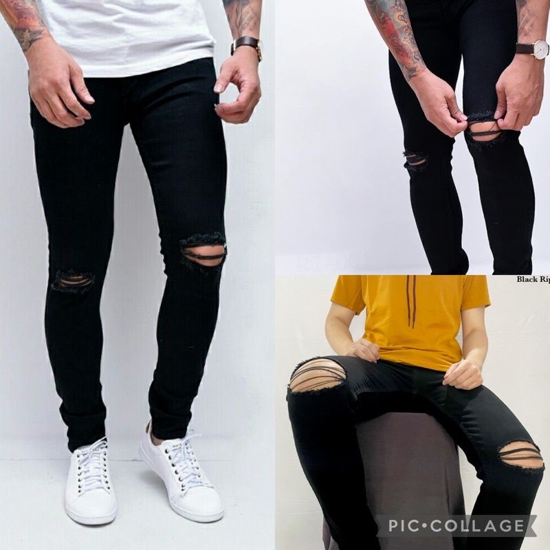 HITAM Men's RIPPED Knee JEANS RIPPED JEANS | Stretch Black SKINNY Pants ...