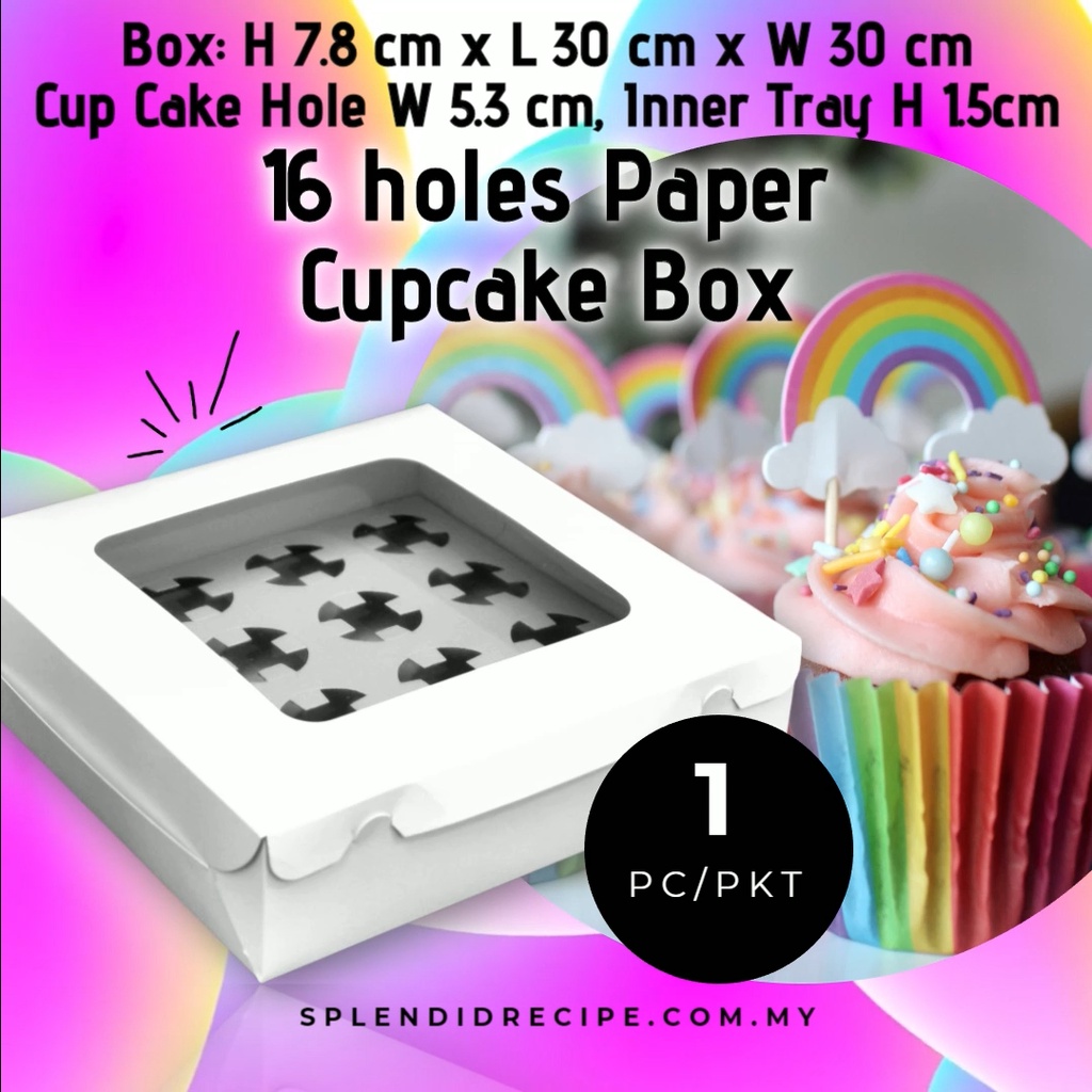 16 Hole Cupcake Box with Window White Paper Cake Box l Kotak Cupcake ...