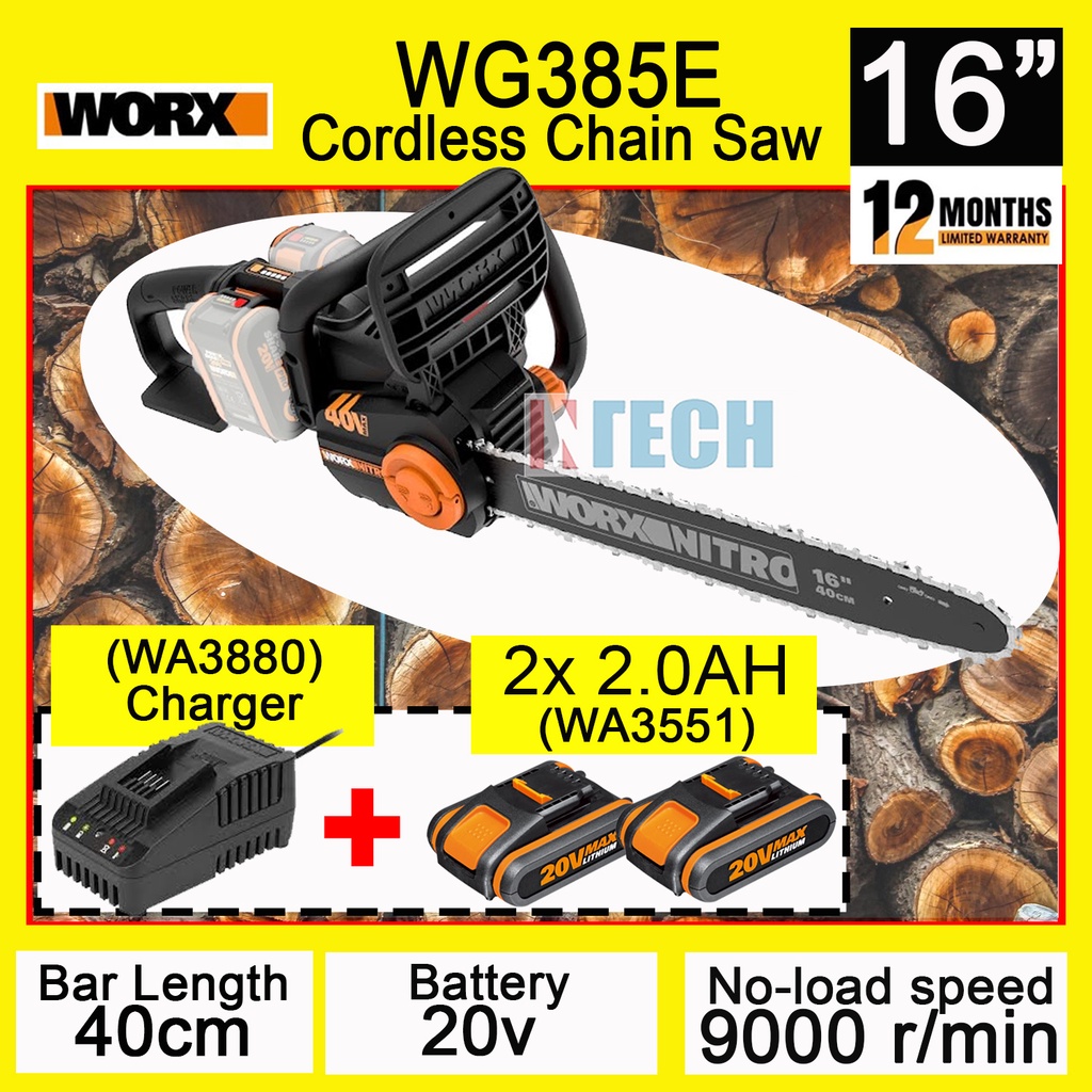 WORX WG385E CORDLESS CHAIN SAW BRUSHLESS 40CM/16" C/W 2NOS 2.0AH 20V ...