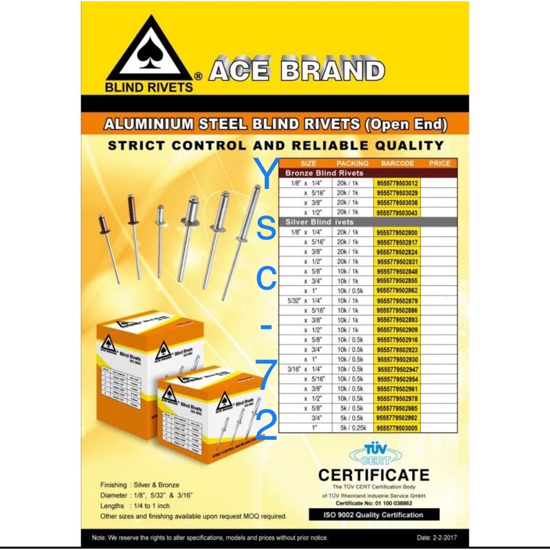 ACE BRAND BLIND RIVETS ALUMINUM STEEL BLIND RIVETS /100PCS | Shopee ...