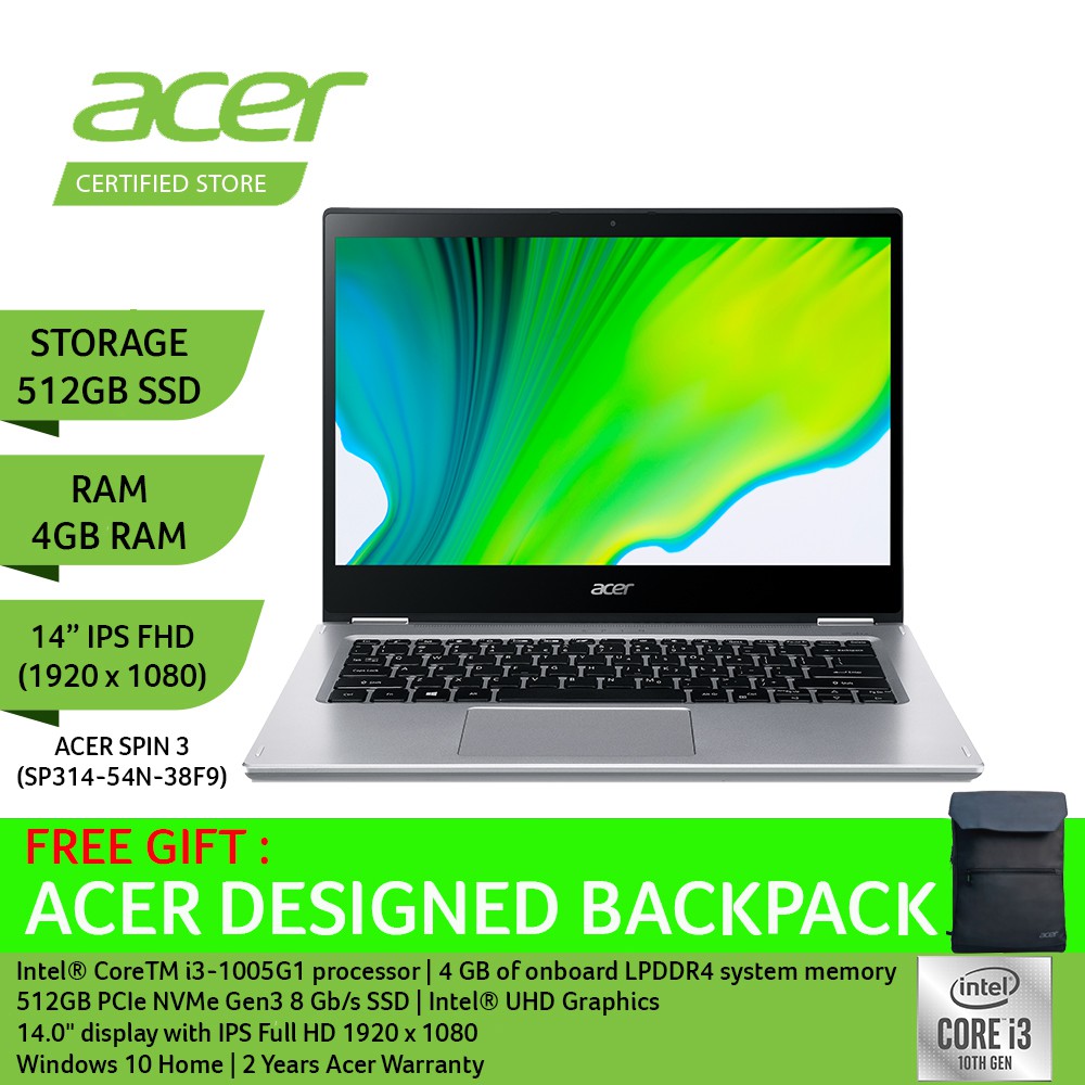 ACER SPIN 3 SP314-54N-38F9 14" IPS FHD LAPTOP I3-1005G1 4GD4 512SSD WIN10 SILVER | Shopee Malaysia
