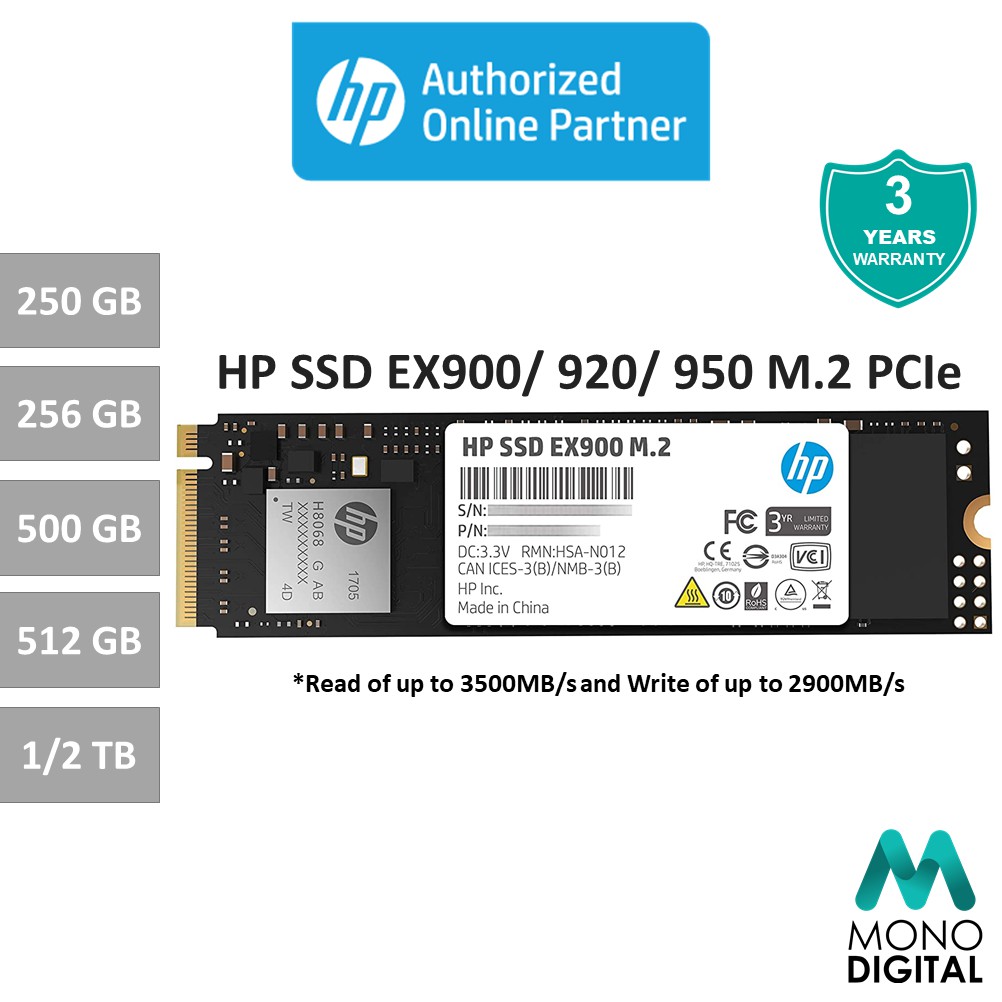 HP SSD EX900/ EX920/ EX950 M.2 PCIe NVMe- 3D TLC Internal SSD (250GB ...