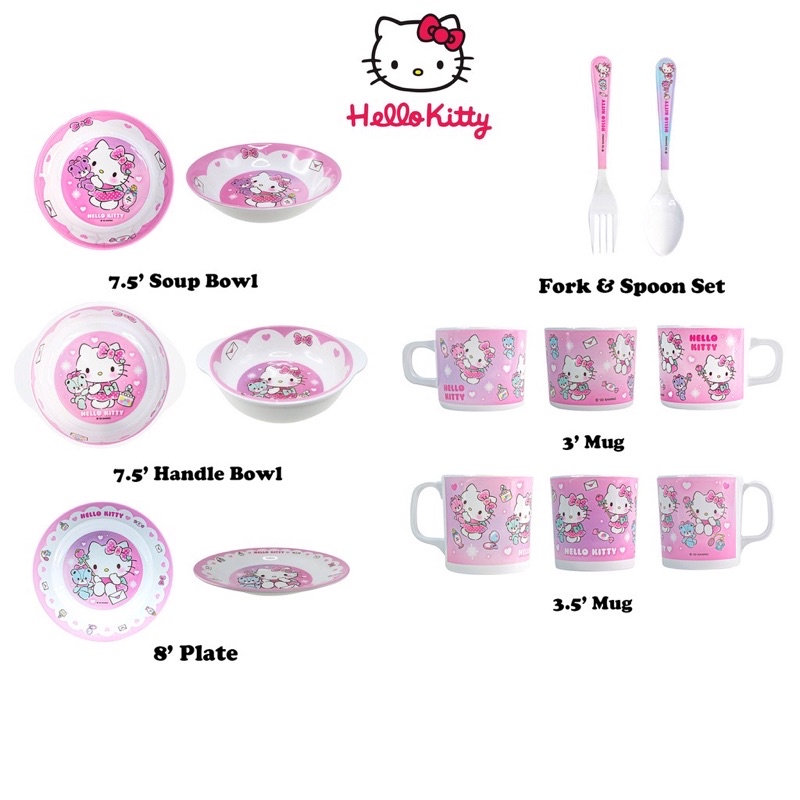 Hello Kitty Melamine Dinnerware Set Plate, Bowl, Mug, Fork and Spoon ...