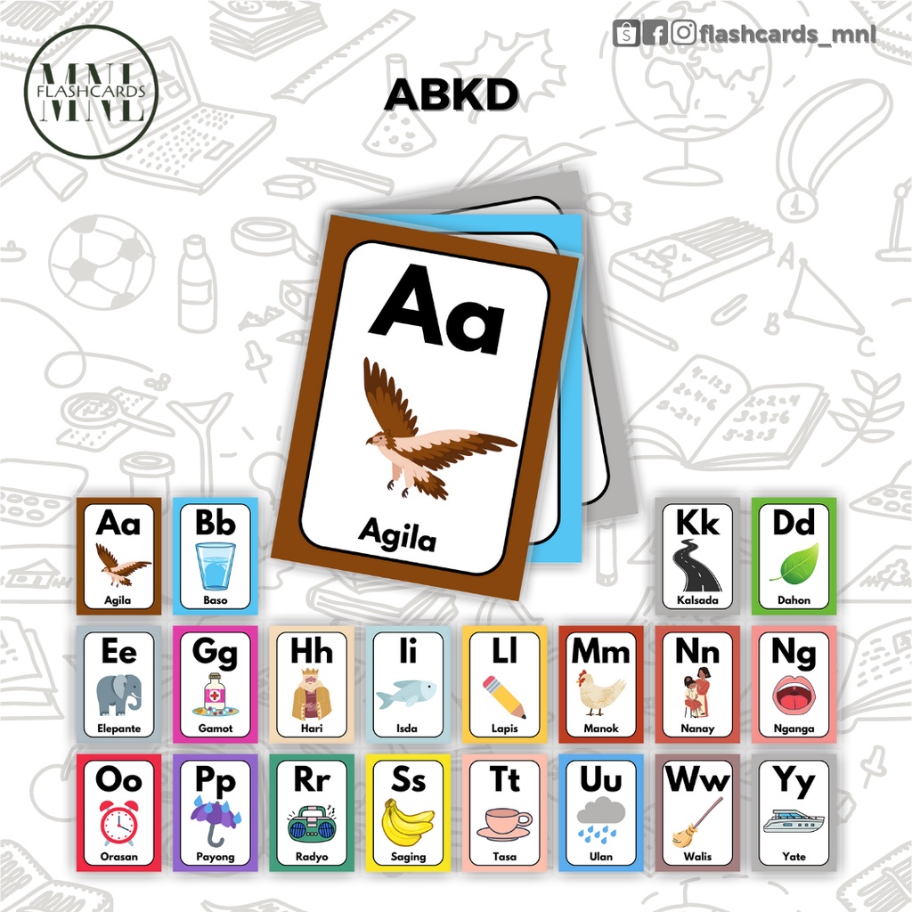 FILIPINO ALPHABET WITH PICTURES (ABAKADA) FULLY LAMINATED FLASHCARDS ...