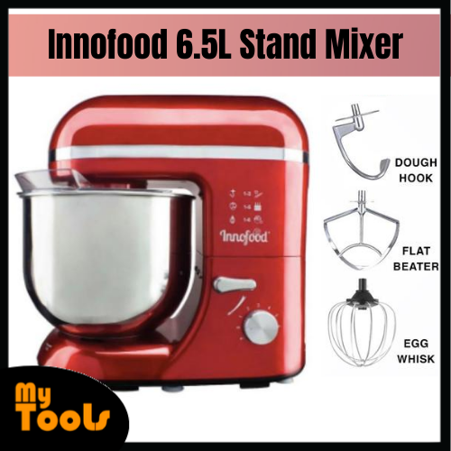Innofood Stand Mixer 6.5 Liters 800W 2kg KT609 + Egg Whisk + Flat Beater + Dough Hook (Red ...
