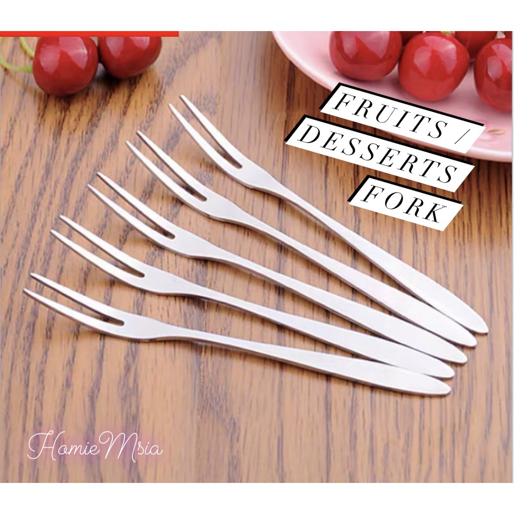 Ready Stock Stainless Steel Fruits Cake Dessert Ice Cream Fork Safe Hygienic Two-Tine Long ...