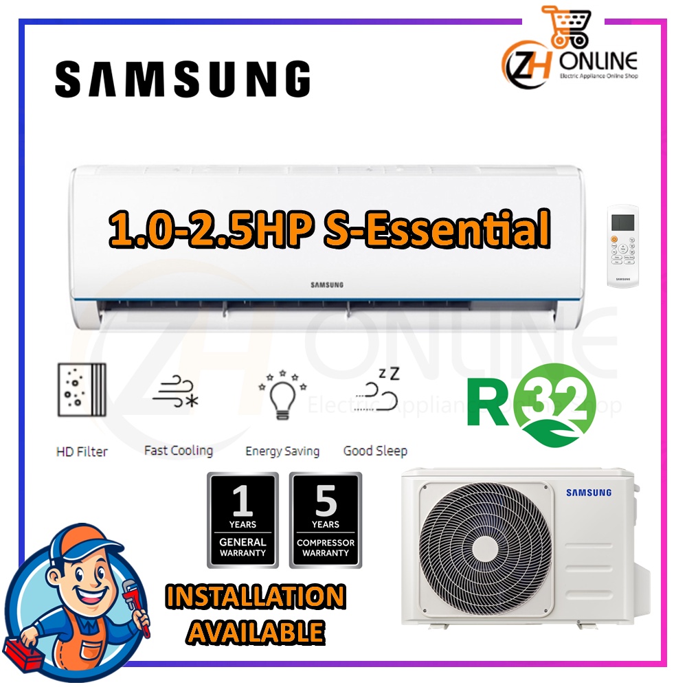 SAMSUNG R32 1.0HP - 1.5HP S-Essential Wall Mounted Non Inverter ...