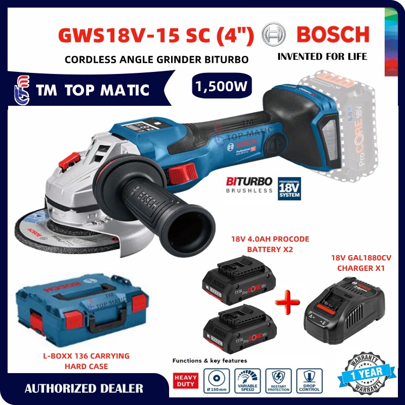 BOSCH GWS 18V-15 SC Professional 4"(100MM) Cordless Angle Grinder With BITURBO - TM TOP | Shopee ...