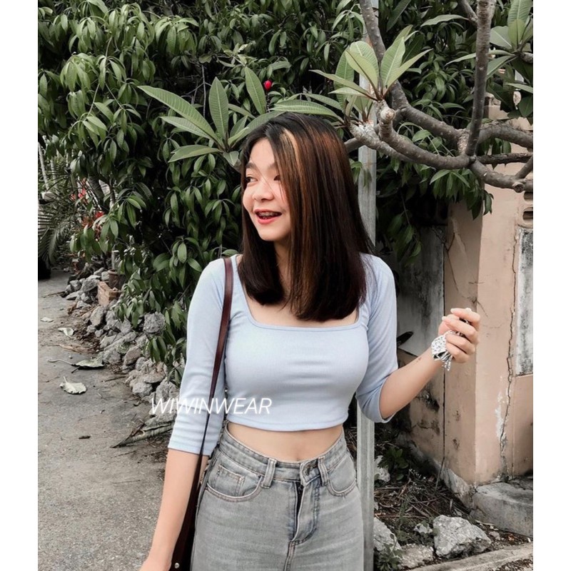 basic crop top-Square Neck With Cropped Sleeves style korea | Shopee ...
