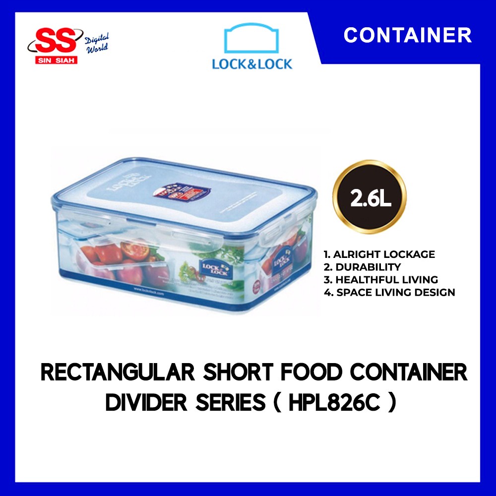 100% Original Lock & Lock HPL826C Rectangular Short Food Container (2.6L) Divider Series (with ...