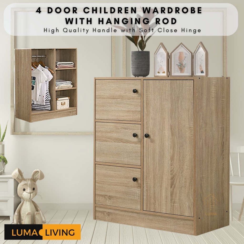 LUMA Living 4 Door Children Wardrobe Clothes with Hanging Rod Almari ...
