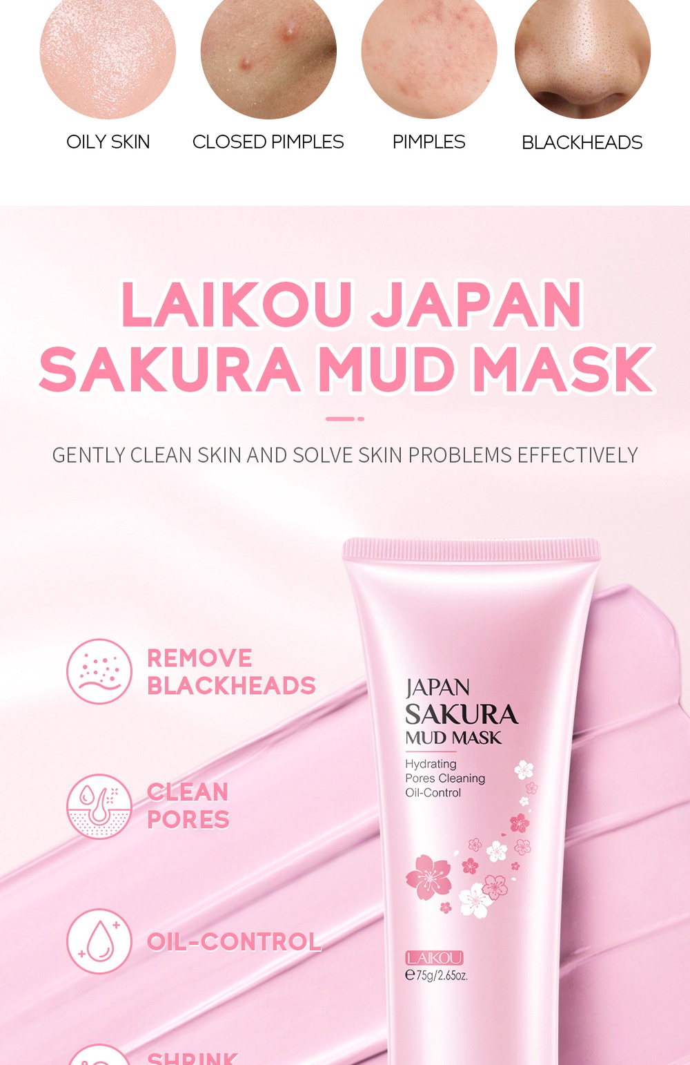 LAIKOU Japan Sakura Mud Mask Cleansing Pores Clay Mask Remove Blackhead ...