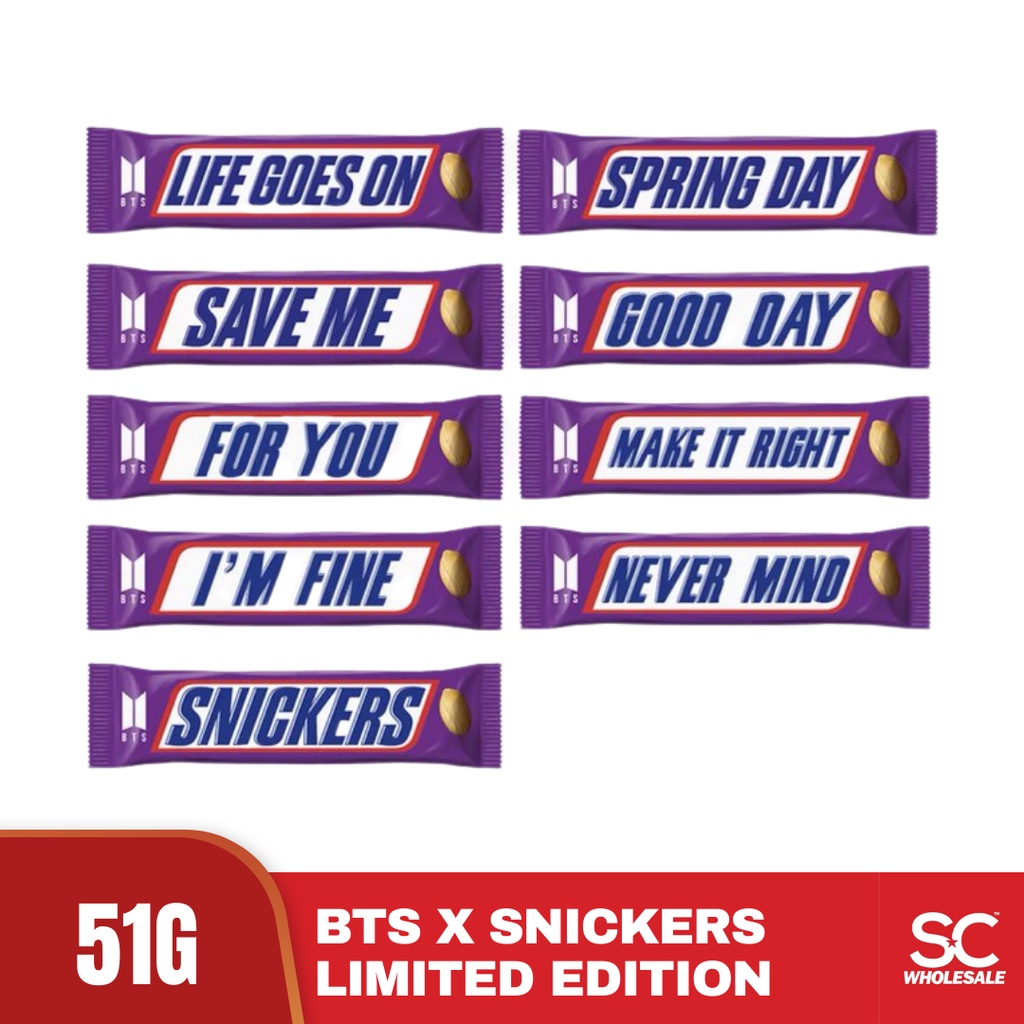 BTS x SNICKERS Classic Chocolate Peanut Bar 51g [RANDOM SLOGAN] | Shopee Malaysia