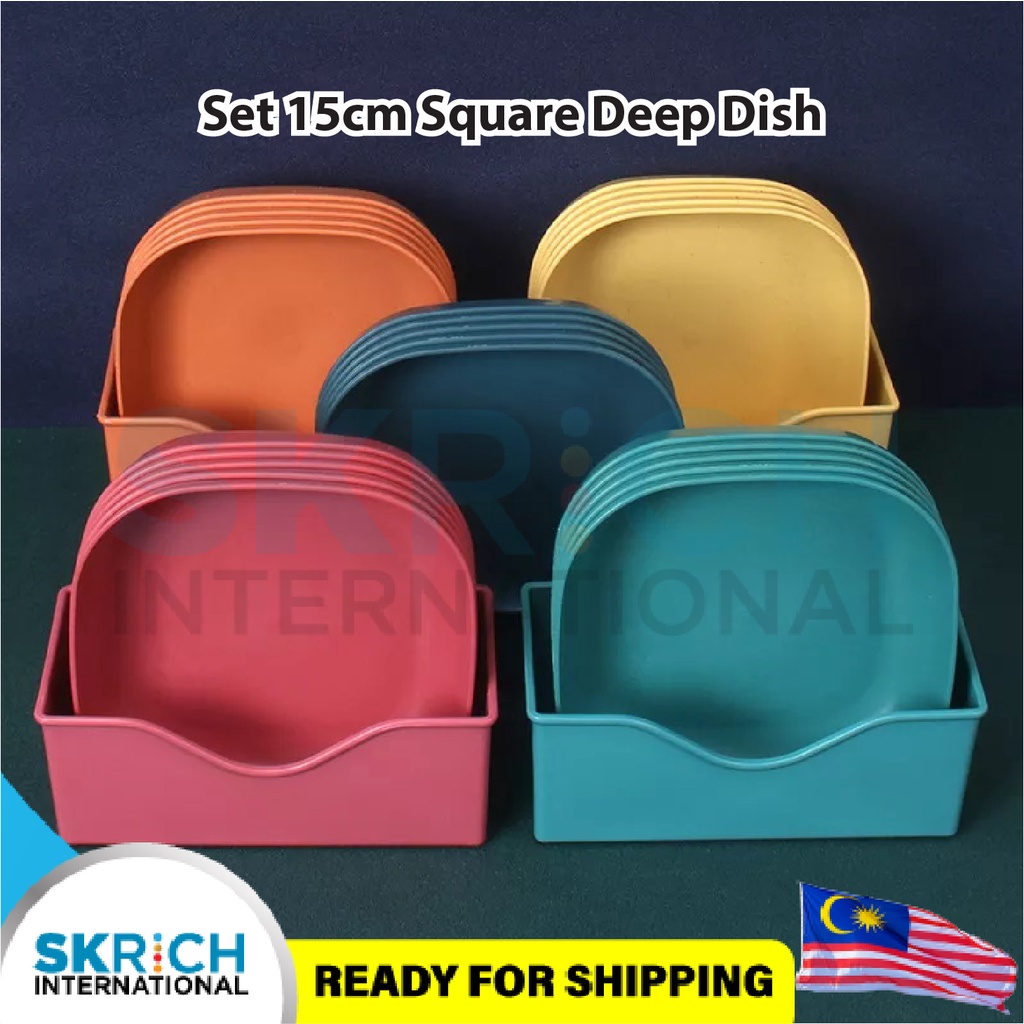 15cm Square Deep Dish 5 Pack with Base Colourful Bone Dish Plate Set ...