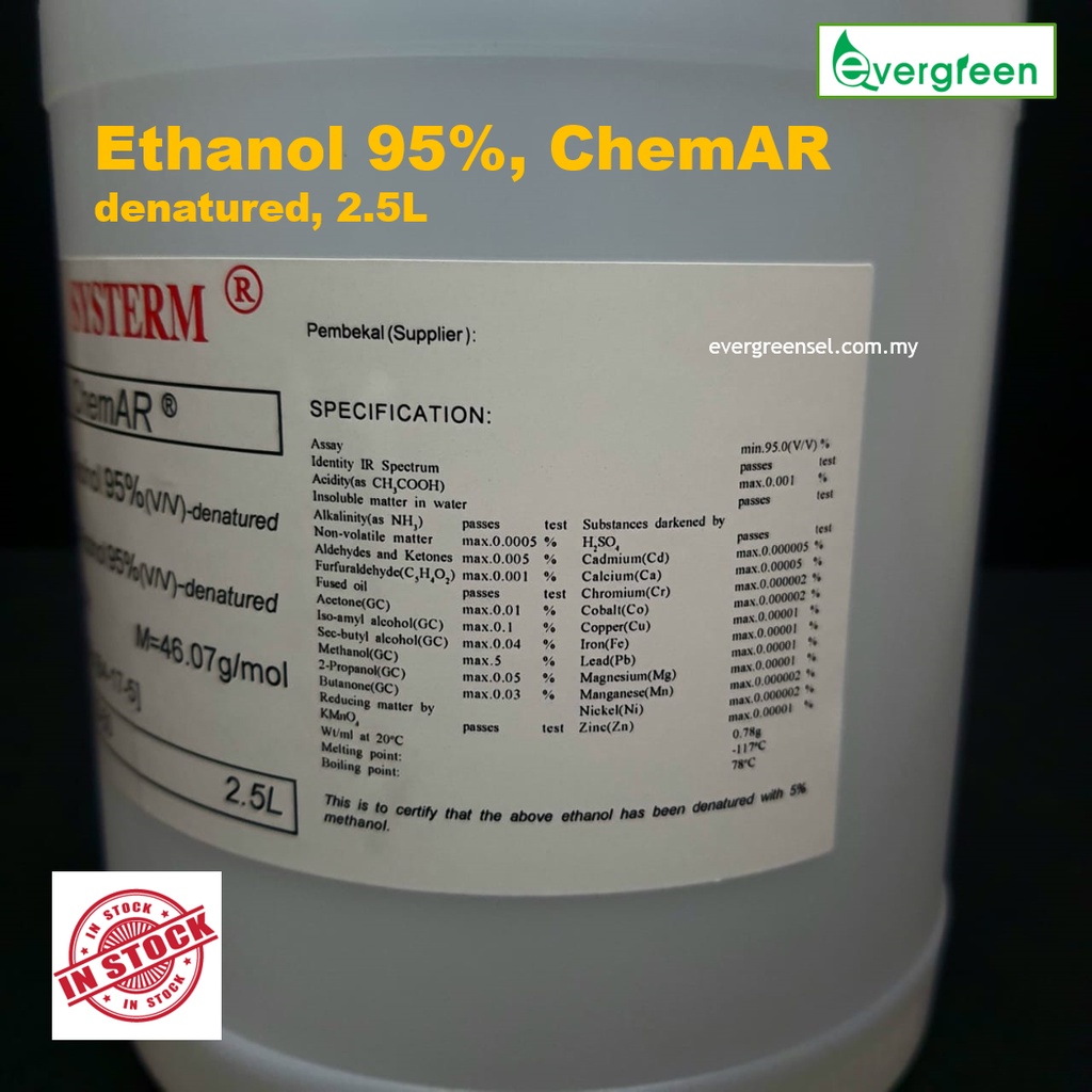 SYSTERM Ethanol 95%, denatured, ChemAR (Alcohol), 2.5L | Shopee Malaysia