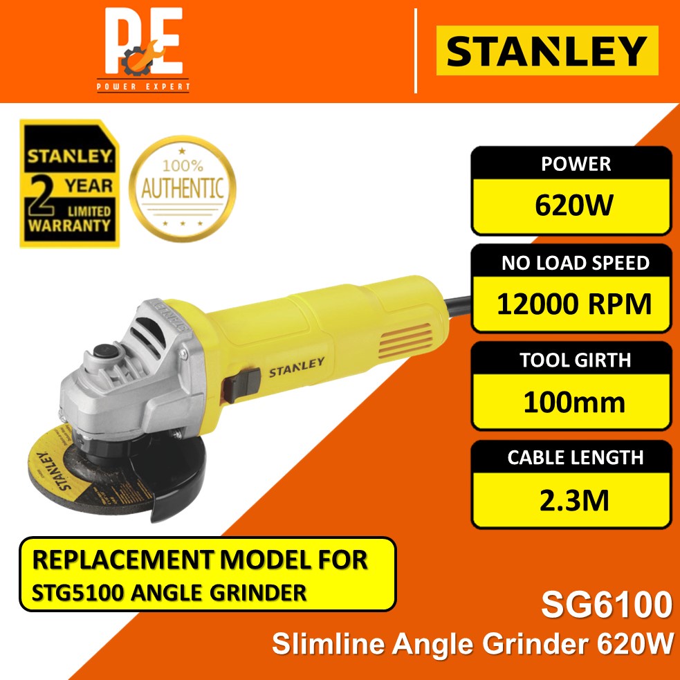 STANLEY SG6100 SLIMLINE 620W 4" SMALL ANGLE GRINDER MESIN POTONG BESI ...