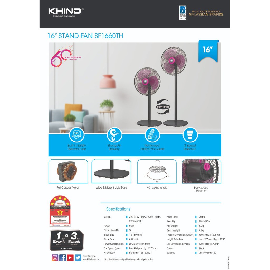 Khind Stand Fan 16INCHI SF1660TH 3BLADE (SALES) | Shopee Malaysia