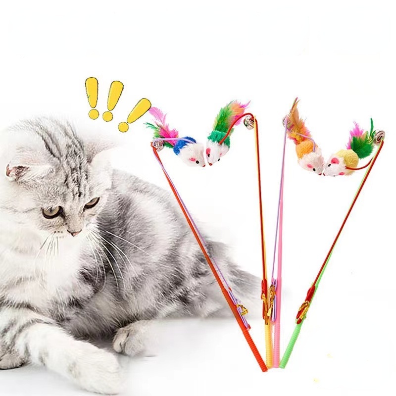 Pet Cat Bell The Dangle Faux Mouse Feather Rod Roped Funny Fun Playing ...