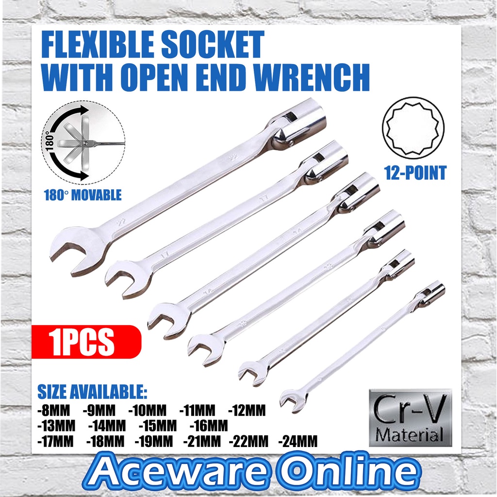 ( 8MM-24MM ) CRV FLEXIBLE COMBINATION SOCKET WRENCH SPANNER 12 POINT ...