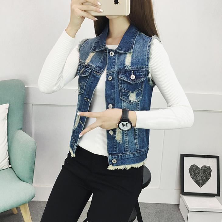 sleeveless cardigan (S-6XL) ripped denim vest female students ...
