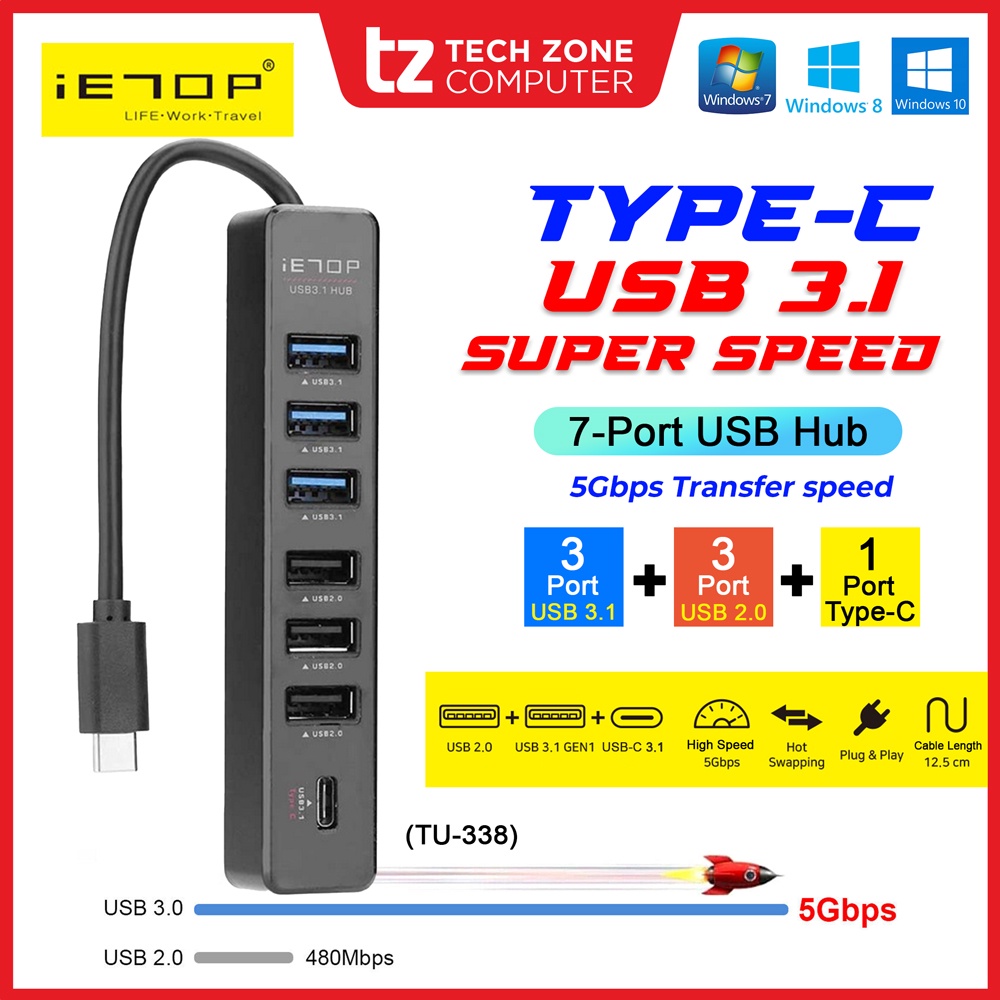 IETOP 7-PORT HUB Super High Speed USB3.1 + TYPE-C USB Hub (TU-338 ...