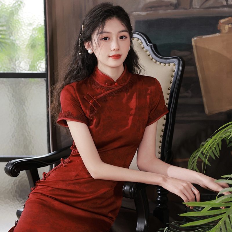 Youyoujia（Ready Stock）2024 New Style Women improved Long cheongsam Red ...