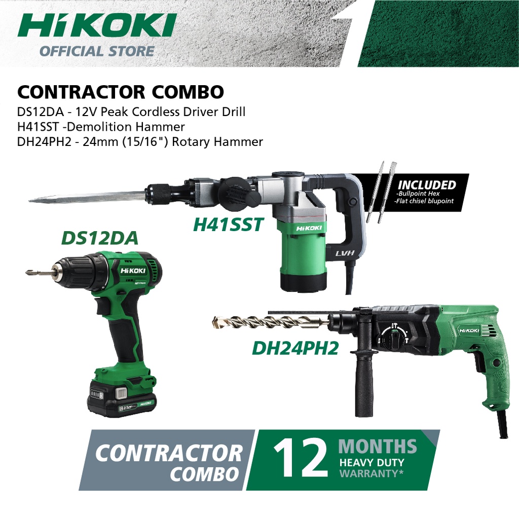 HiKOKI [COMBO 4] DS12DA + H41SST + DH24PH2 Driver Drill, Demolition ...
