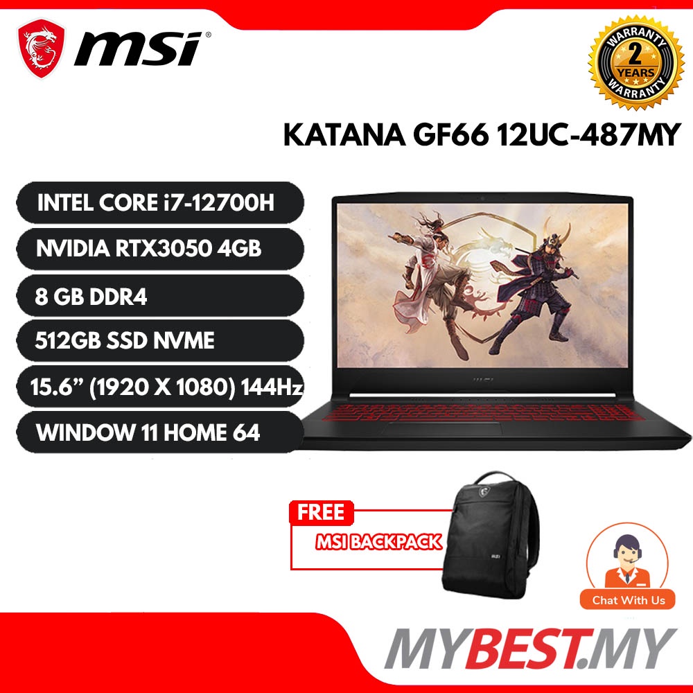 MSI Katana GF66 12UC-487MY 15.6" Gaming Laptop Black (i7-12700H, 8GB, 512GB, RTX3050, Win11H ...
