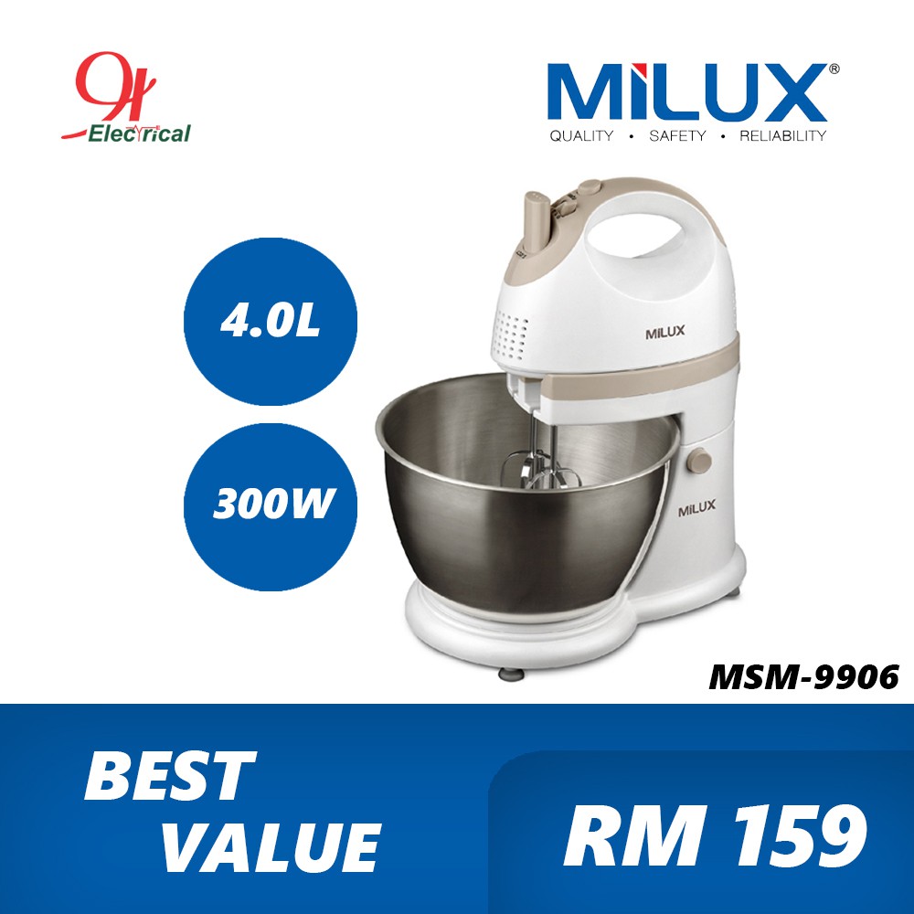 MILUX 300W 2 in 1 Stand Mixer with 4.0L Stainless Steel Bowl MSM-9906 ...